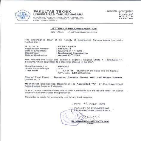 Letter of Recommendation(UNTAR) | PDF | Computing | Technology & Computing