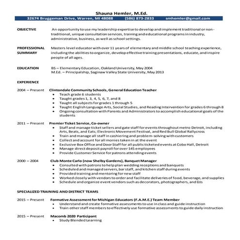 Shauna Hemler Resume | DOCX | Professional School | Postgraduate Education