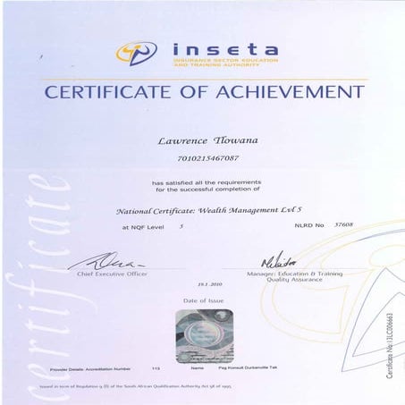 L Tlowana - Copy of INSETA Certificate | PDF