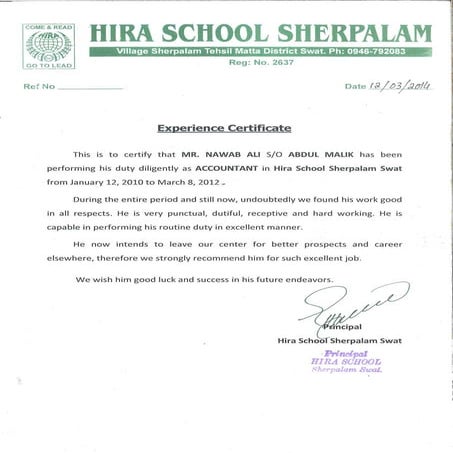 Hira School - Experiece Certificate | PDF | Education