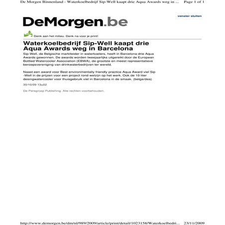 Sip-Well-nieuwsbericht-30-oktober-2009-DeMorgen-Waterkoelbedrijf-Sip ...