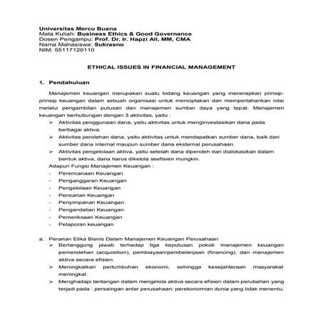 7, BE & GG, Sukrasno, Hapzi Ali, Ethical Issues in Financial Management, Universitas Mercu Buana ...