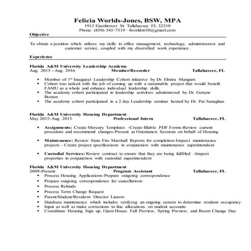 Felicia Worlds-Jones - Professional Resume-Fall 2016 | DOCX