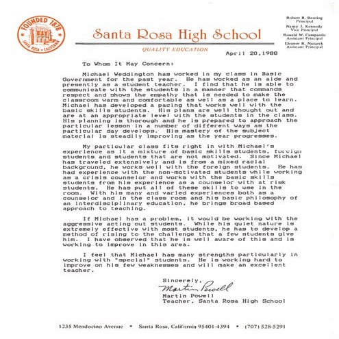 Recommendation Letter- Teaching Credential Program- Martin Powell | PDF