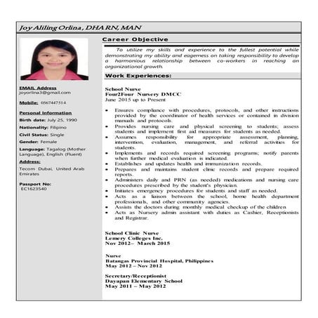 RESUME of Joy Orlina (1) | DOCX | Medical Health