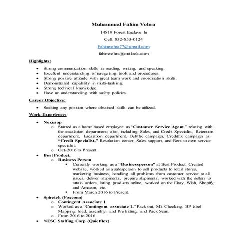 MUHAMMAD FAHIM VOHRA RESUME 1 | DOCX | Computing | Technology & Computing