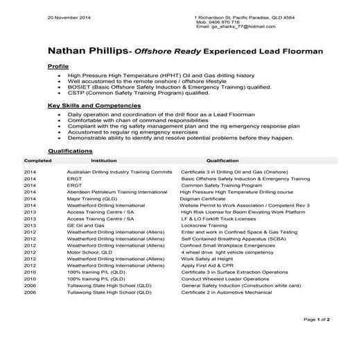 Nathan Phillips Lead Floorman resume Nov 2014 | PDF