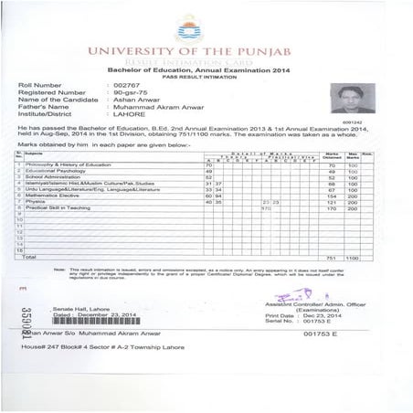 B.ed result card | PDF