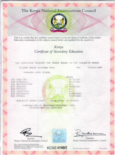 KCSE Certificate kcse-certificate
