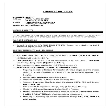 Abhinav Resume (Automobile engg.) | PDF