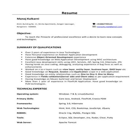 Manoj Java Plm 2 Years Experience Pdf 
