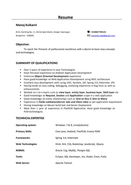 Manoj Java Plm 2 Years Experience Pdf