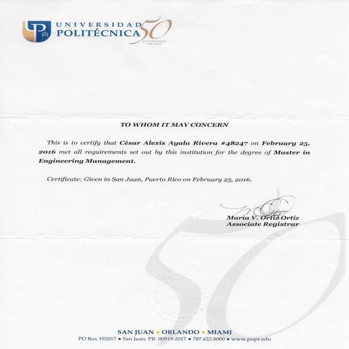 Master in Engineering Management Certificate | PDF