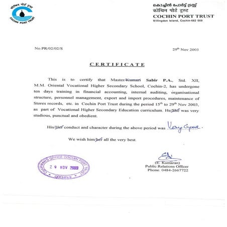 training certificate from cochin port trust | PDF