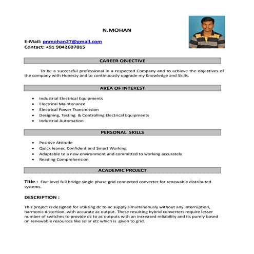 RESUME-Mohan B.E(EEE)Fresher | PDF