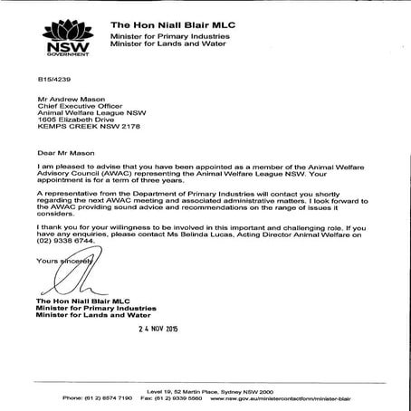 AWAC appointment letter from Minister Blair | PDF