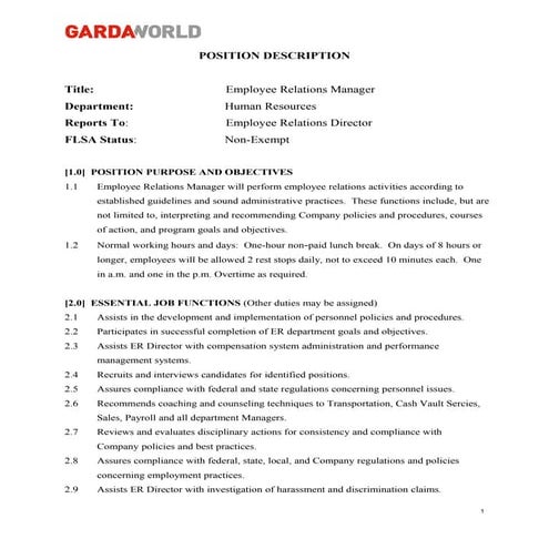 Employee Relations Manager Job Discription 2016 | DOC