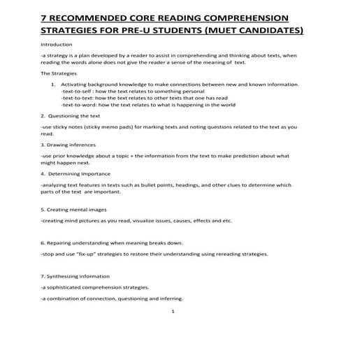 7 core reading comprehension strategies for high school students | PDF