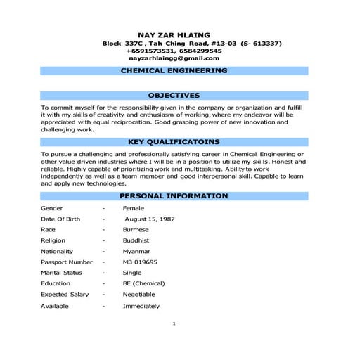 Chemical Engineer Resume | DOCX