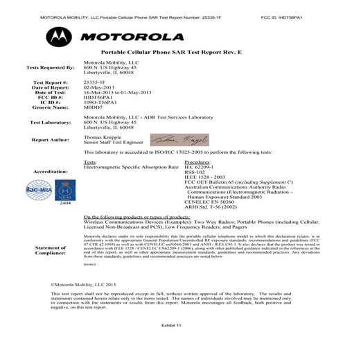 FCC SAR Report 25335-1F FCC ID IHDT56PA1 | PDF