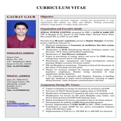 Resume of Gaurav Gaur, Electrical | PDF