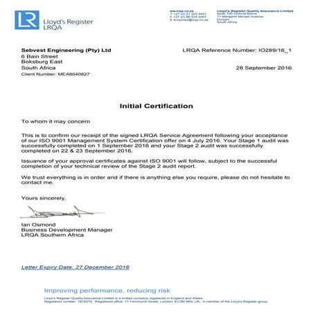 Certification Letter - Sebvest Engineering | PDF