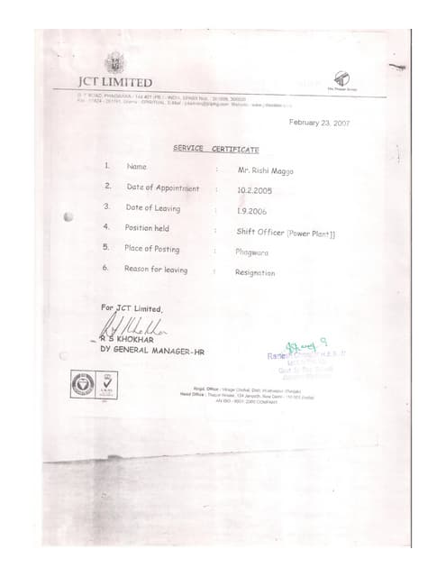 JCT Certificate for BOE | PDF