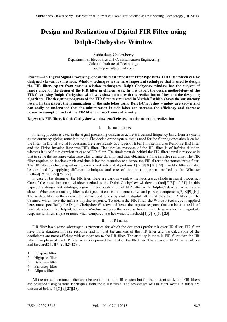 Design And Realization Of Fir Filter Using Chebyshev Window