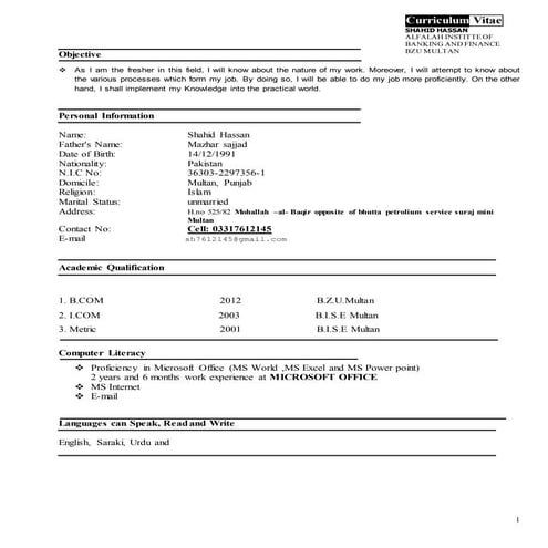 shahid c.v | DOCX | Religion & Spirituality