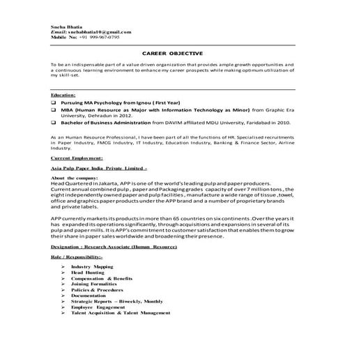 Resume_Sneha Bhatia | DOCX | Human Resources | Business