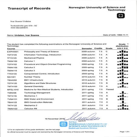 NTNU Transcript 2016 - Ivar Soares Urdalen | PDF