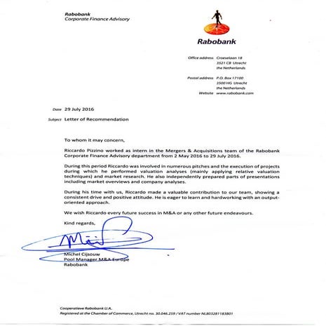 Reference Letter Rabobank Riccardo Pizzino | PDF