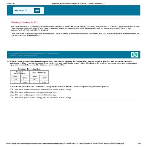Apply Its_Middle School Physical Science - Mastery Assess It_12 | PDF