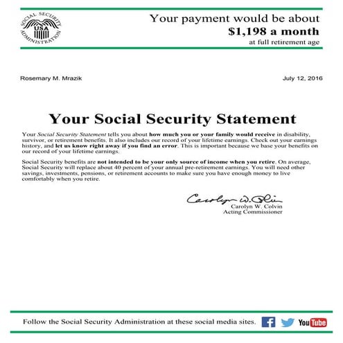 Rosemary Mrazik Your_Social_Security_Statement 7 12 2016 | PDF