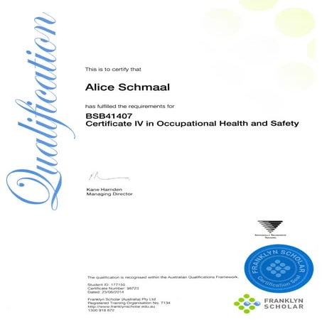 Alice Schmaal - Cert IV in OHS | PDF