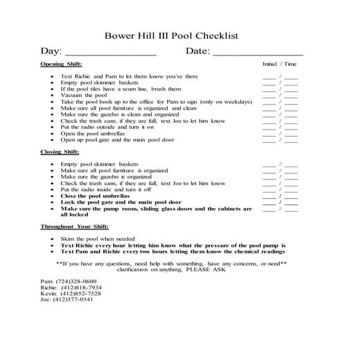 Bower Hill III Pool Checklist | PDF