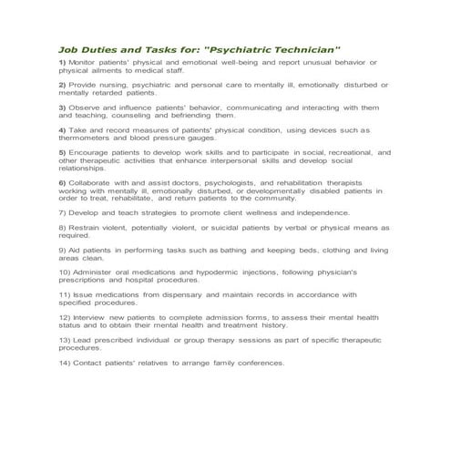 Job Duties and Tasks | DOCX | Mental Health | Diseases and Conditions
