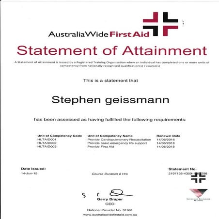 Senior First Aid Cert 2015 | PDF