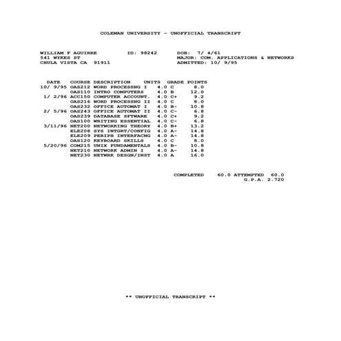 William.Aguirre-ColemanUniversity-Transcript | PDF