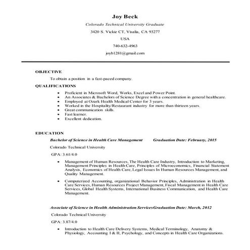 Joy Beck - Resume | DOCX | Healthcare Industry | Industries