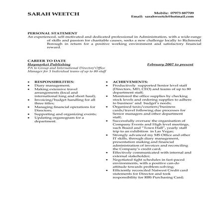 Sarah Weetch Updated CV April 2016 | DOC | Business | Business and Finance