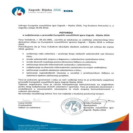 Europske sveučilišne igre Zagreb - Rijeka 2016 - Potvrda | PDF