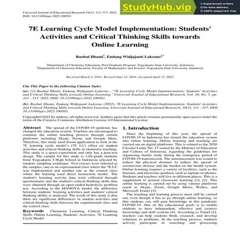 7E Learning Cycle Model Implementation Students Activities And Critical ...