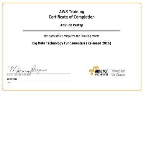 Certificate - AWS Big DATA Technology Fundamentals | PDF