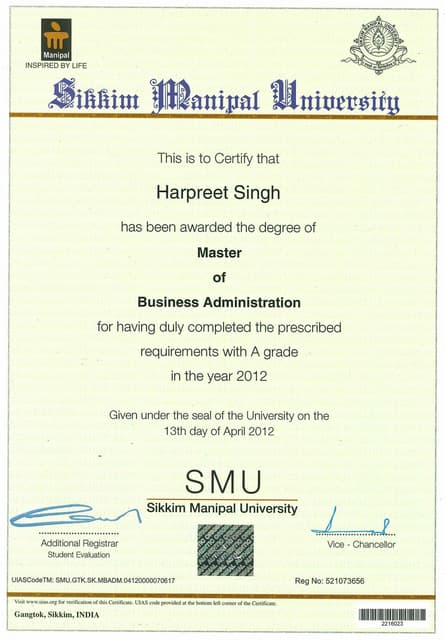 Indian Mba Certificate