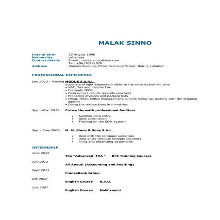 MALAK SINNO CV | PDF | Business Administration | Business