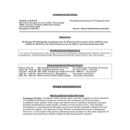 CV Kamal | DOC | Business Accounting & Finance | Business