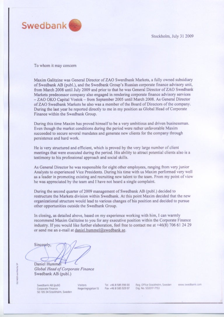 Reference Letter, Swedbank