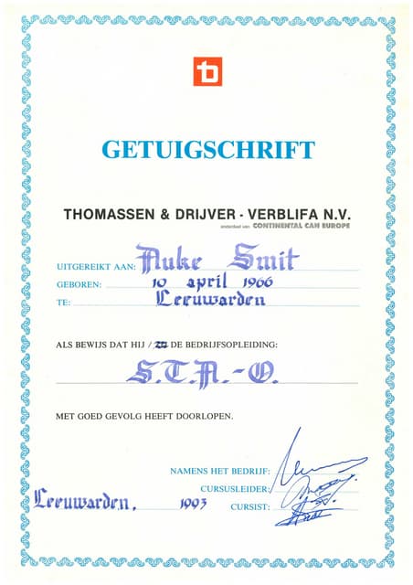 Certificate Communication advanced mechanic training A.Smit