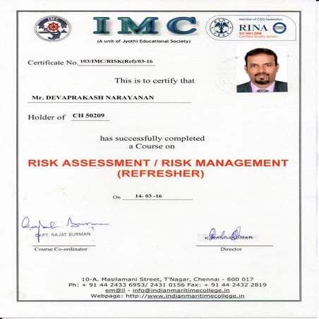 Risk Assessment and management Certificate | PDF | Educational ...
